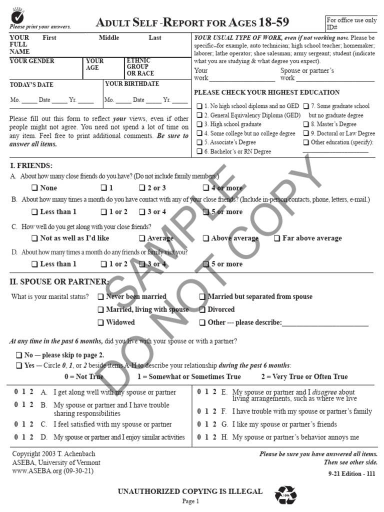 ASEBA - Adult Self-Report | PDF | Spouse