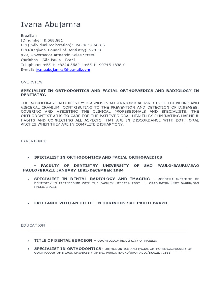 Curriculum - Ivana Format | PDF | Dentistry | Orthodontics