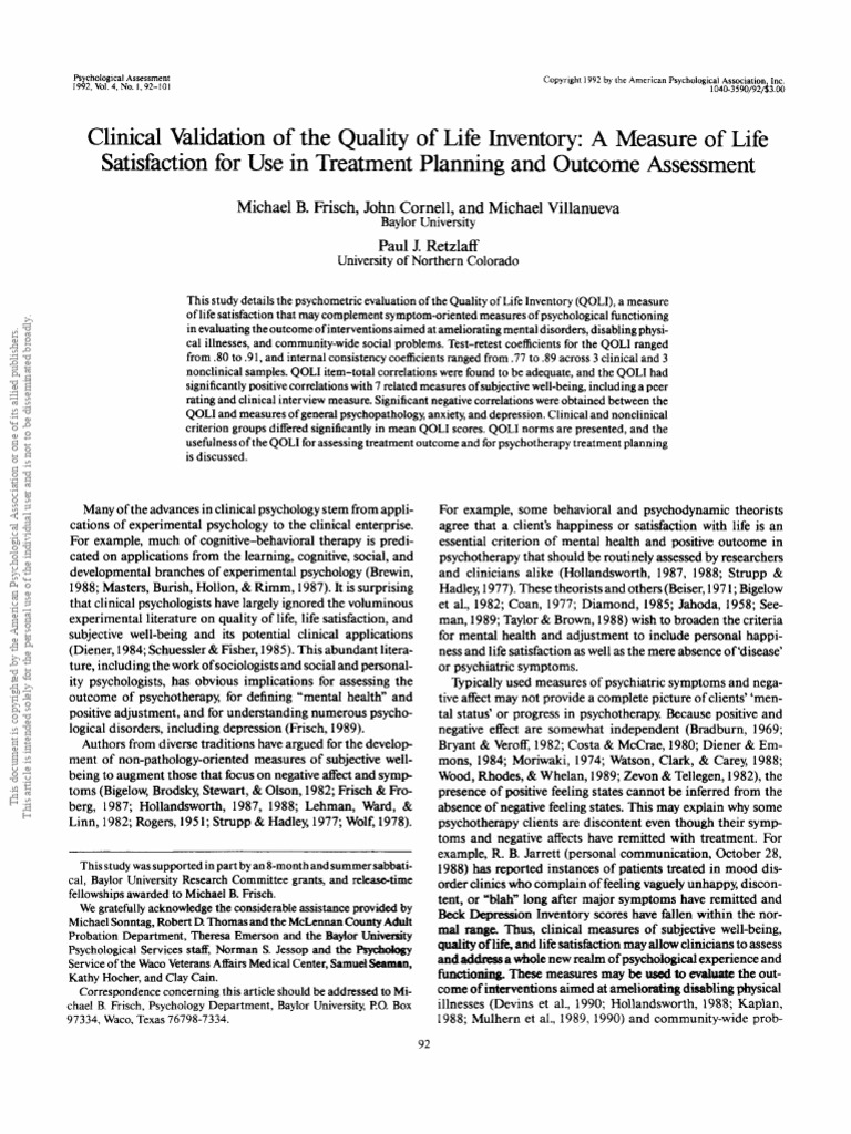 Frisch Et Al. - Clinical Validation of The QOLI | PDF | Psychology ...