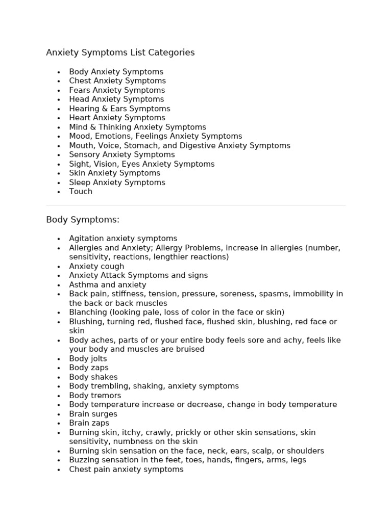 Anxiety Symptoms List Categories - 060521 | PDF | Paresthesia | Panic ...