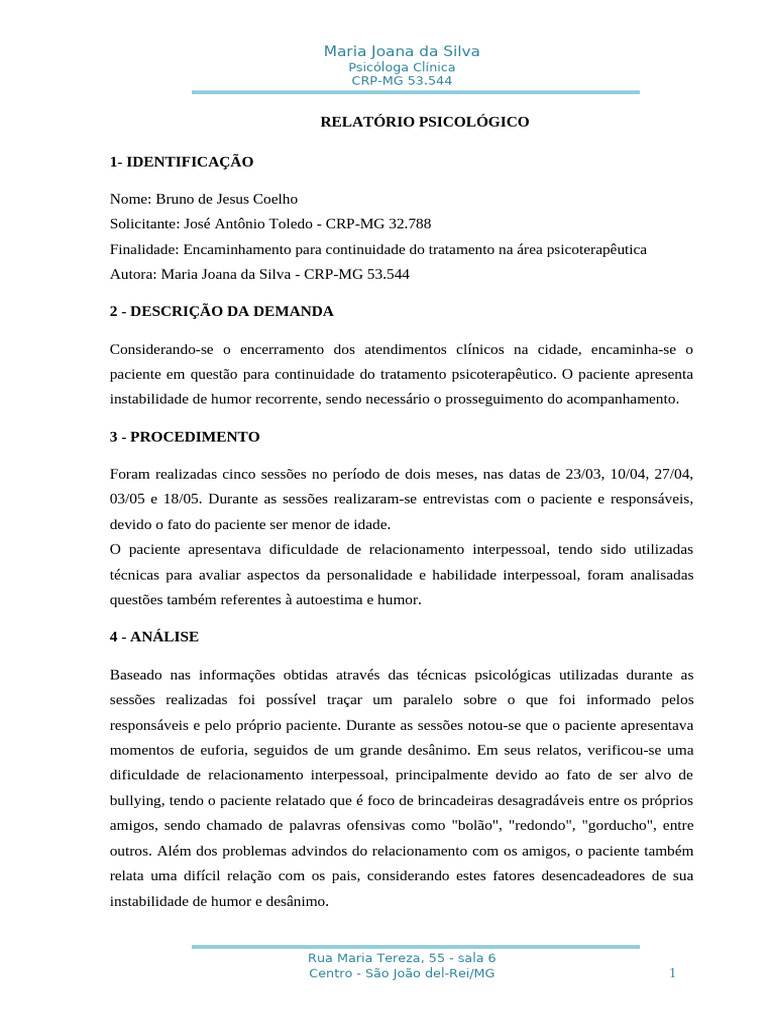 RELATÓRIO PSICOLÓGICO - Modelo | PDF | Psicologia | Psicoterapia