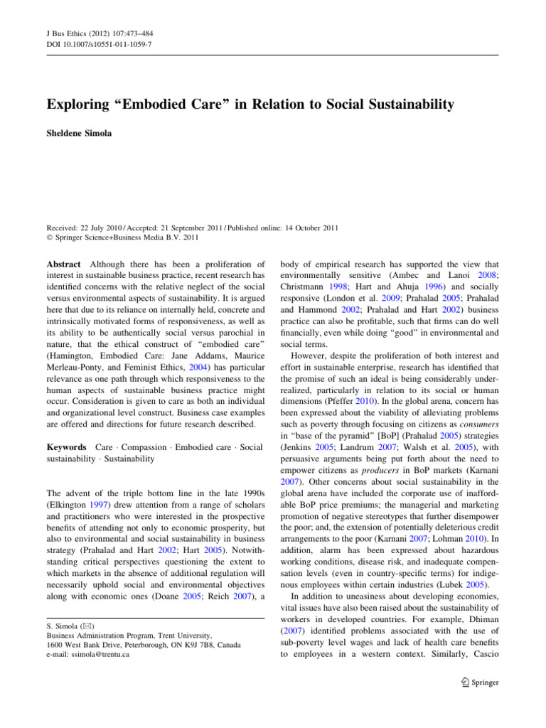 Simola 2012 - JBE - Embodied Ties in Social Sustainability | PDF | Experience | Empathy