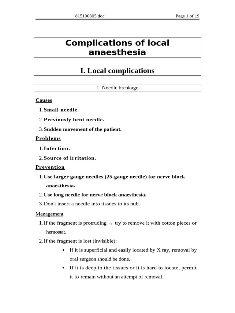 Complications Of Local Anaesthesia PDF Injection Medicine
