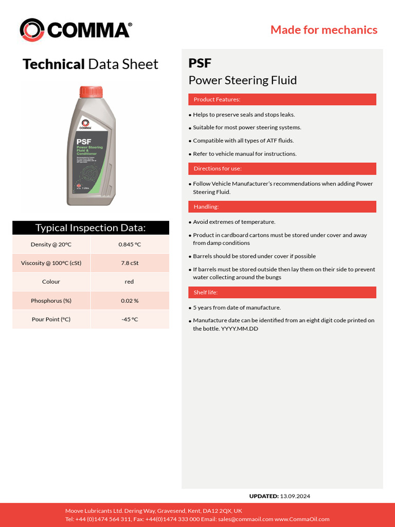 Power Steering Fluid Technical Data | PDF | Viscosity | Continuum Mechanics