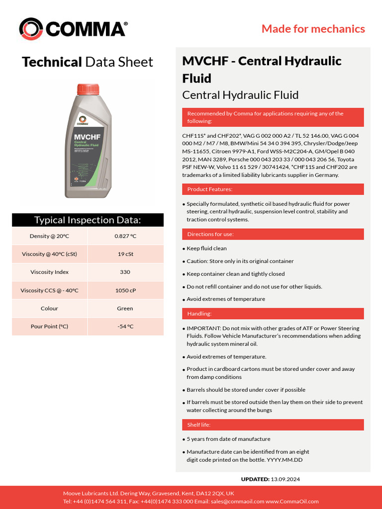 Technical Data Sheet MVCHF Central Hydraulic Fluid | PDF | Viscosity | Vehicle Industry