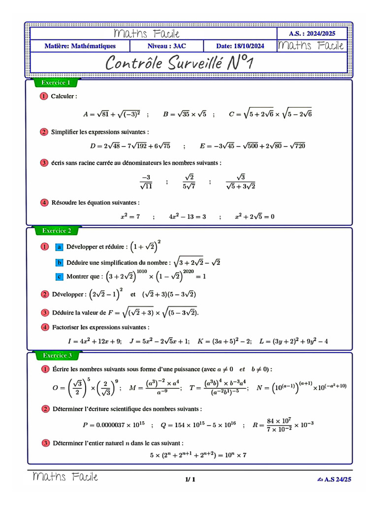 6 Exemple de Devoir 1 Semestre 1 3AC MATHS FACILE | PDF