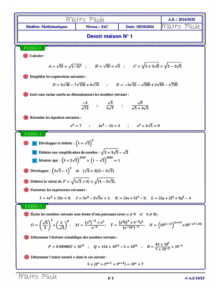 6 Exemple de Devoir 1 Semestre 1 3AC | PDF