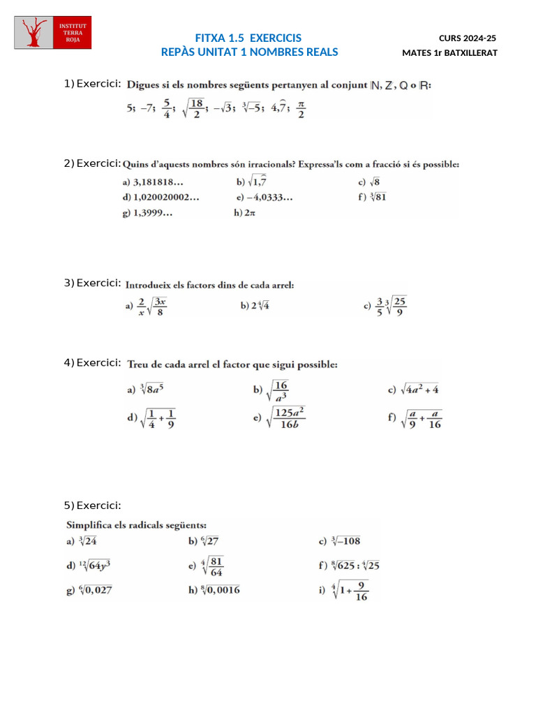 Fitxa 1.5. Exercicis Repàs Unitat 1 1r BATX CIENTÍFIC 24-25 | PDF