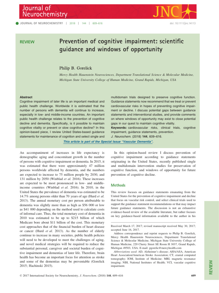 Journal of Neurochemistry - 2017 - Gorelick - Prevention of Cognitive ...