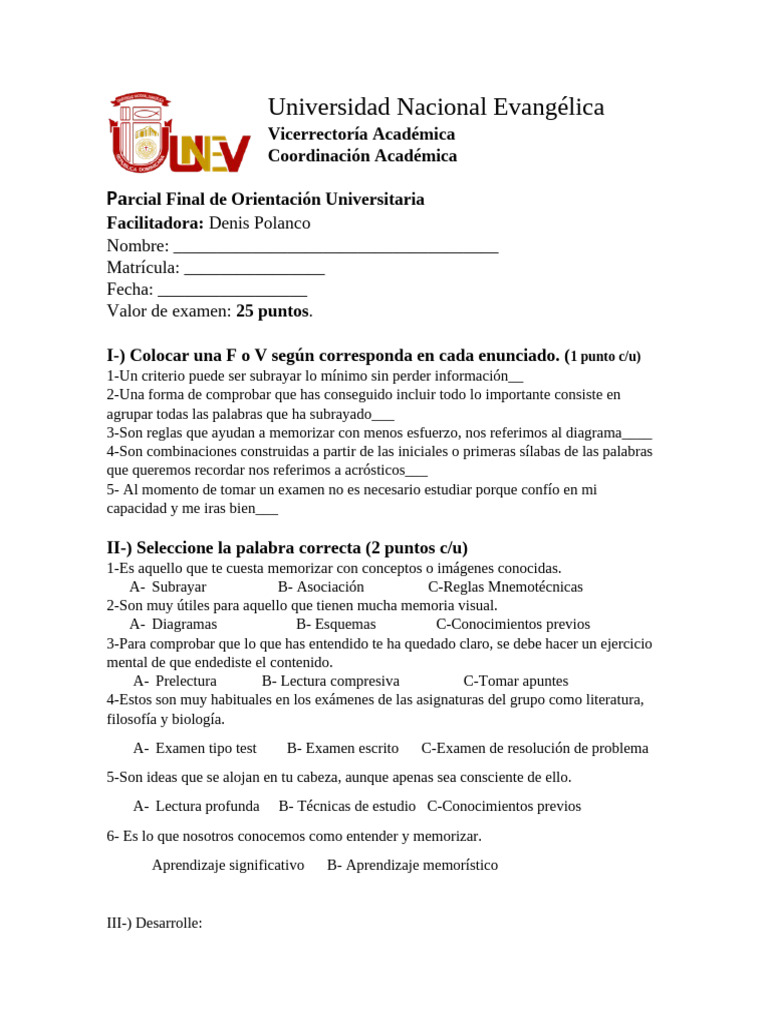 Parcial Final de Orientación Universitaria | PDF