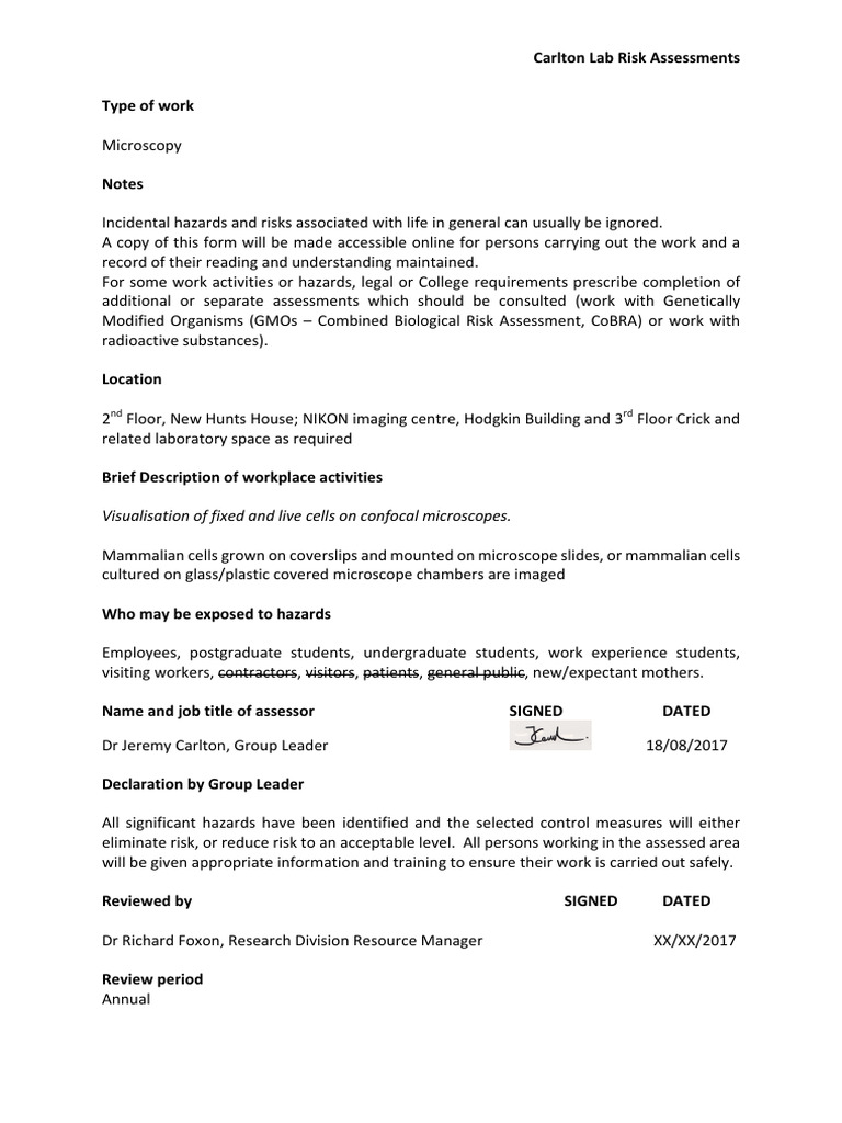 Carlton Lab Risk Assessments Micros | PDF | Risk | Personal Protective ...
