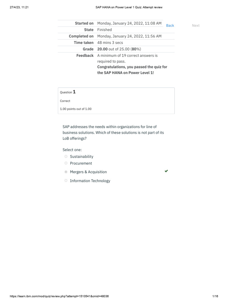 SAP HANA On Power Level 1 Quiz - Attempt Review | PDF | Data Management | Computing