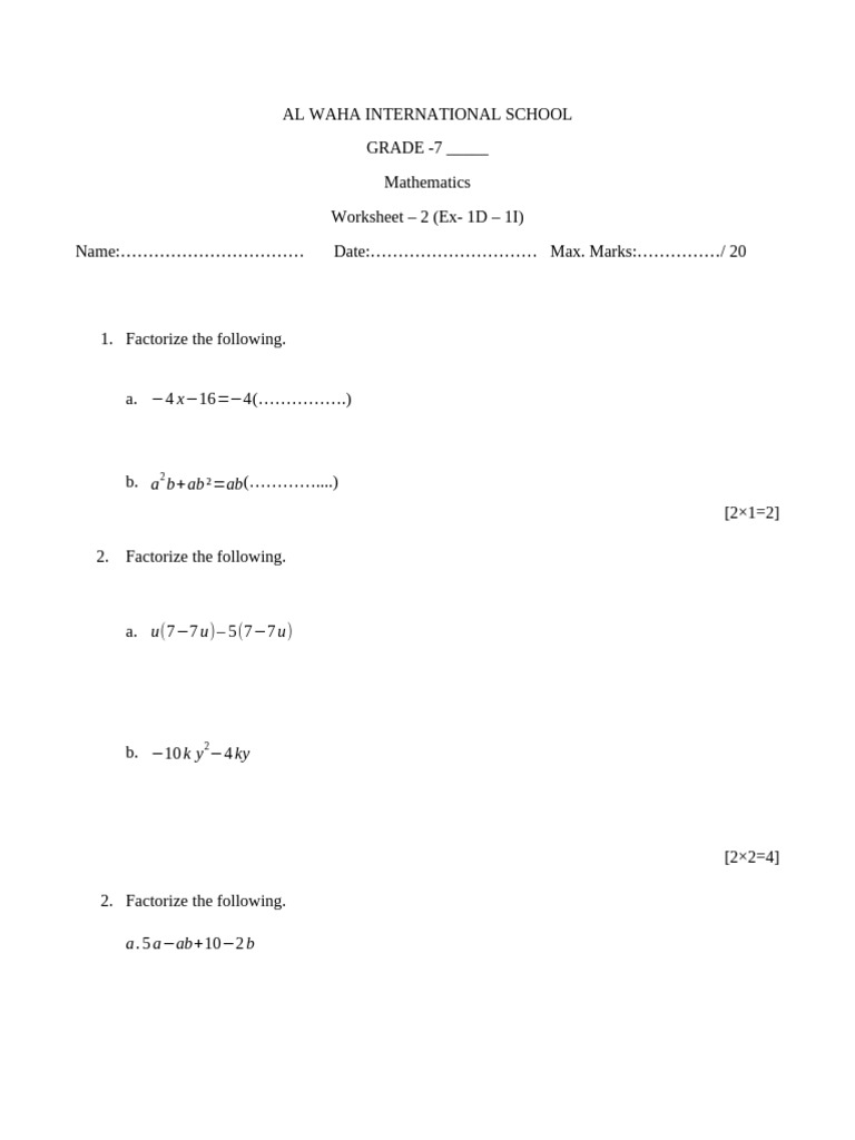 Grade 7 Maths Factorization Worksheet Pdf