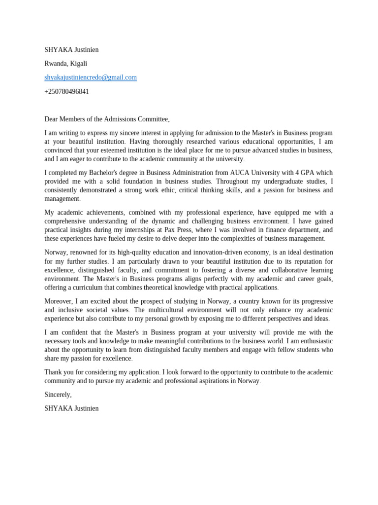 Master's in Business Application Letter | PDF | Behavior Modification | Cognition