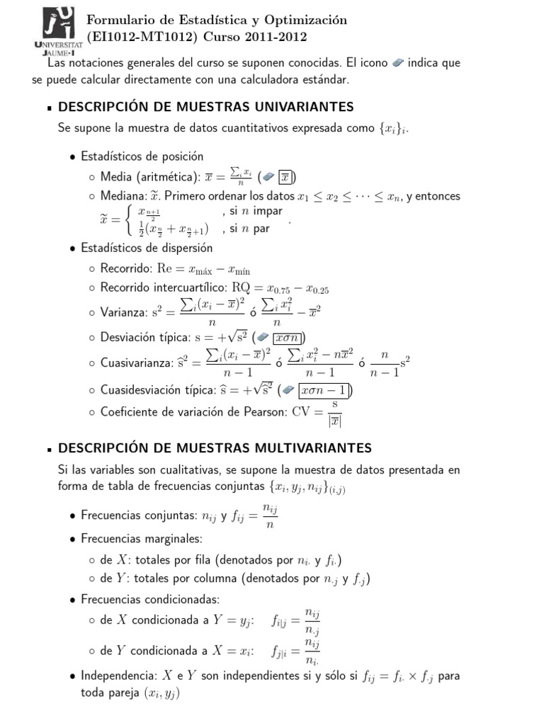 Guide To Formulae Statistics Course | PDF | Covarianza | Intervalo de ...