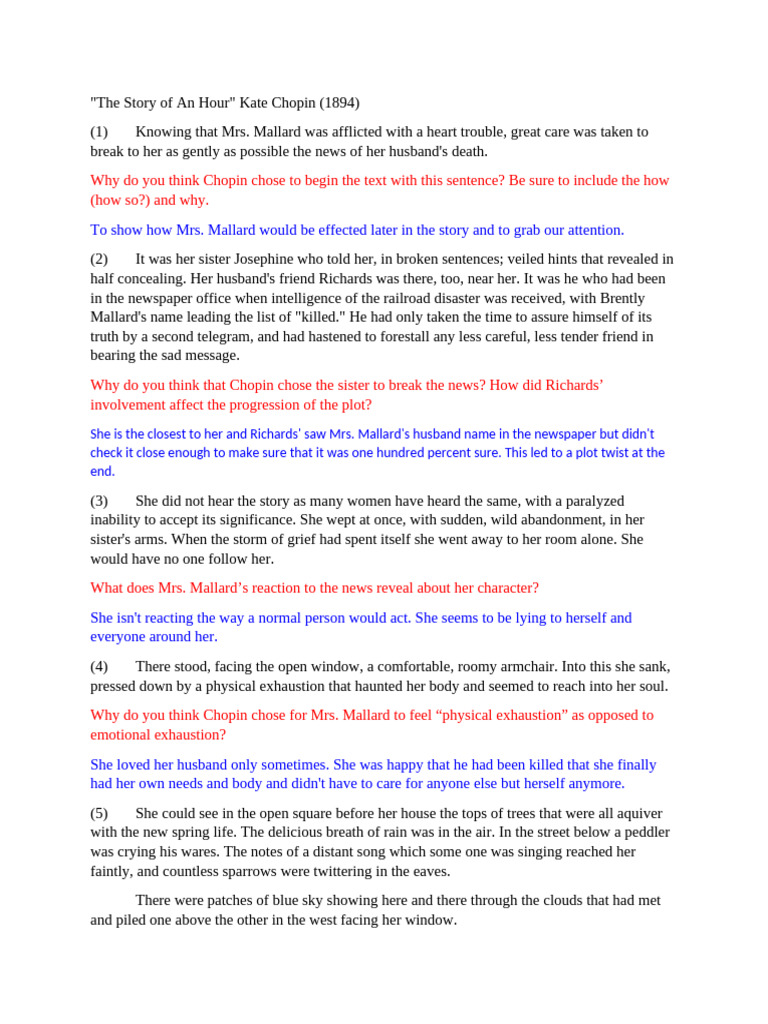 The Story of An Hour With Embedded Questions-1 | PDF