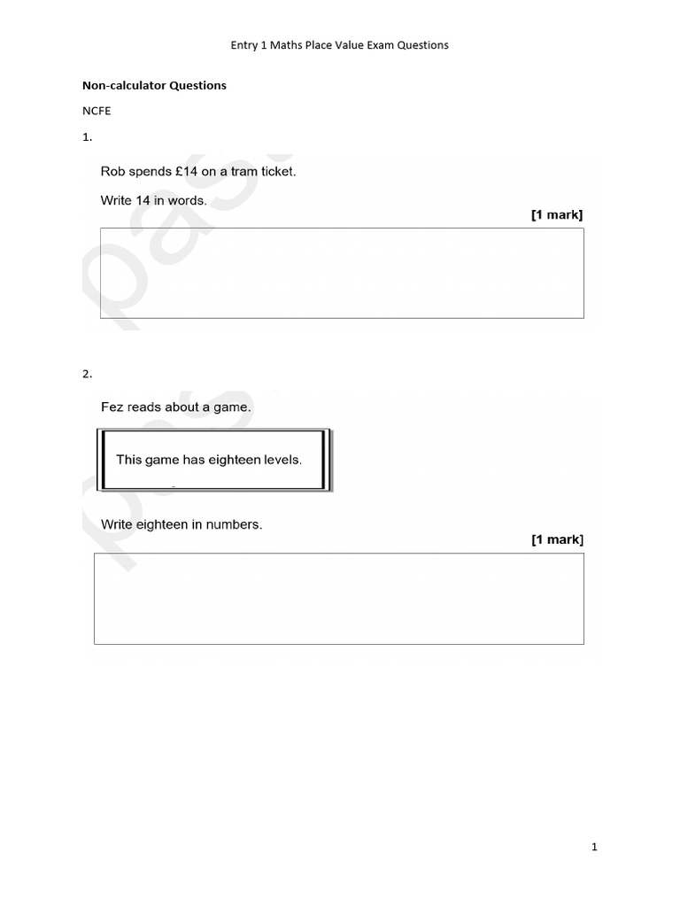 Functional Skills Maths Entry 1 Place Value Exam Questions | PDF