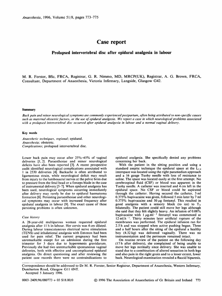 Anaesthesia - August 1996 - Forster - Prolapsed Intervertebral Disc ...