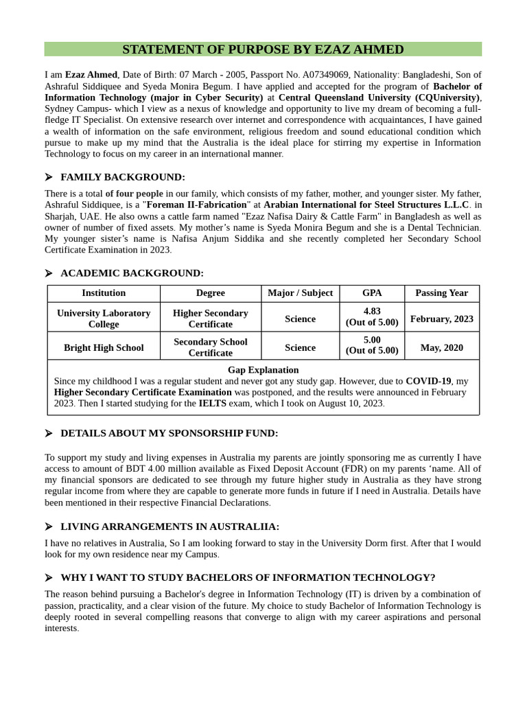 SOP of Ezaz Ahmed Updated | PDF | Cost Of Living | Vocational Education SOP of Ezaz Ahmed Updated | PDF | Cost Of Living | Vocational Education