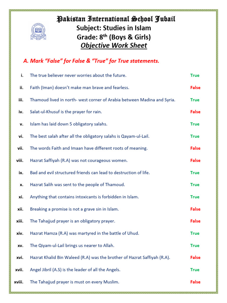 Grade 8 Islamic Studies Worksheet | PDF | Prophets And Messengers In ...