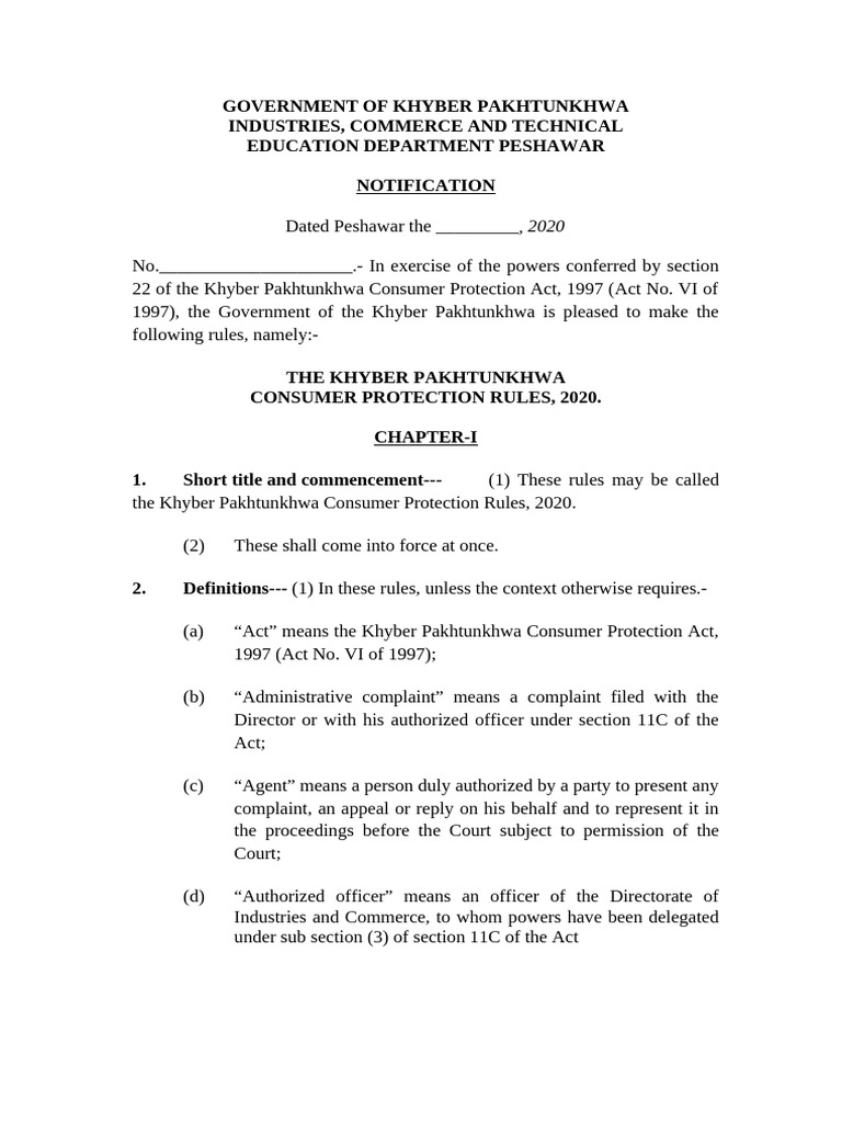 KPK Consumer Protection Rules, 2020 | PDF | Summons | Public Law