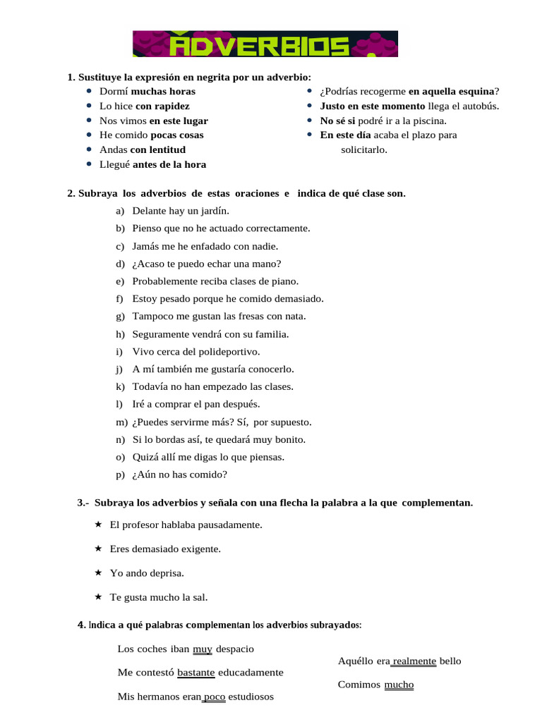 Ejercicios Del Adverbio | PDF | Adverbio