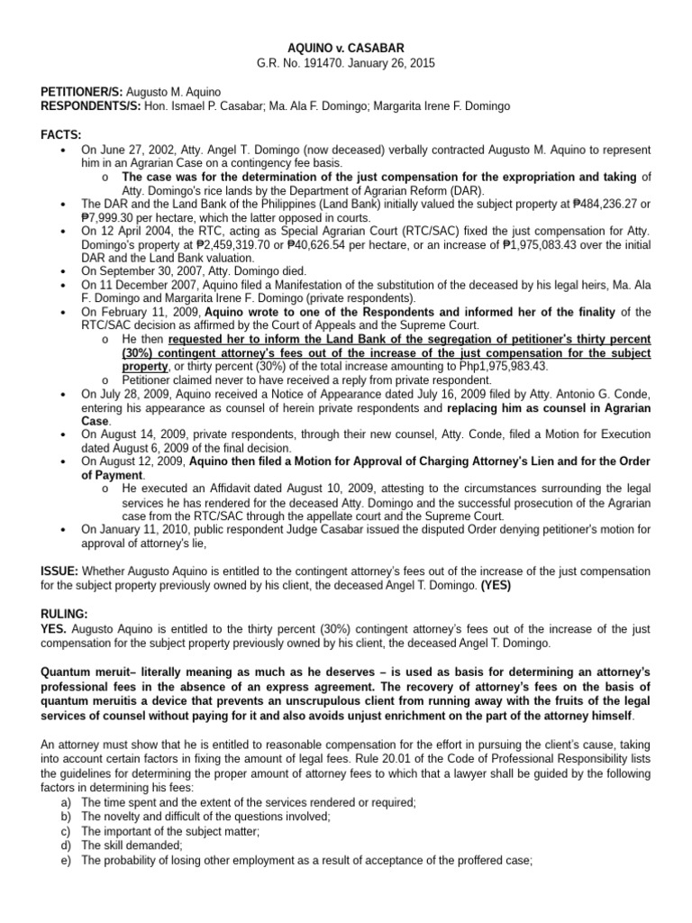 Contingent Fees Based On Quantum Meruit - AQUINO v. CABASAR | PDF ...
