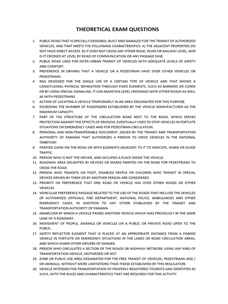 Theoretical Exam Questions | PDF | Traffic | Road