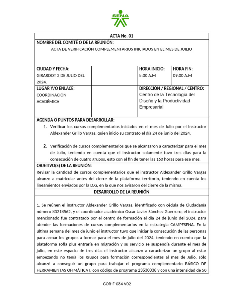GOR-F-084 - Formato - de - Acta - V02 ACTUALIZADO 2024 | PDF | Información