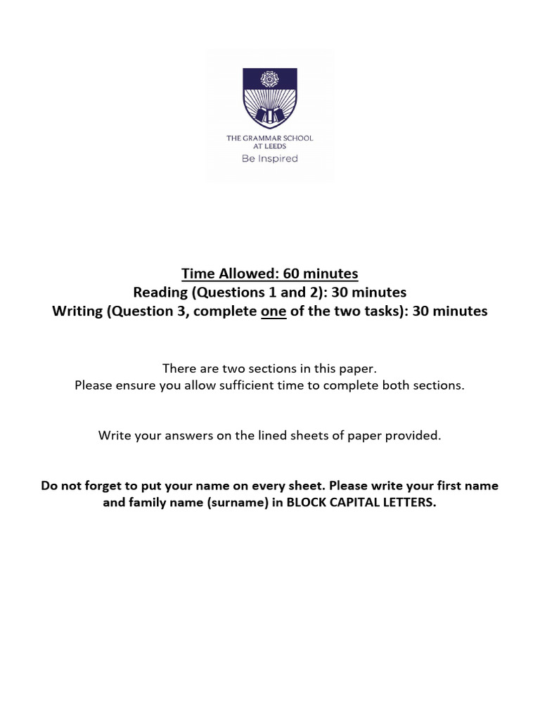 Year 10 English Sample Exam Paper | PDF