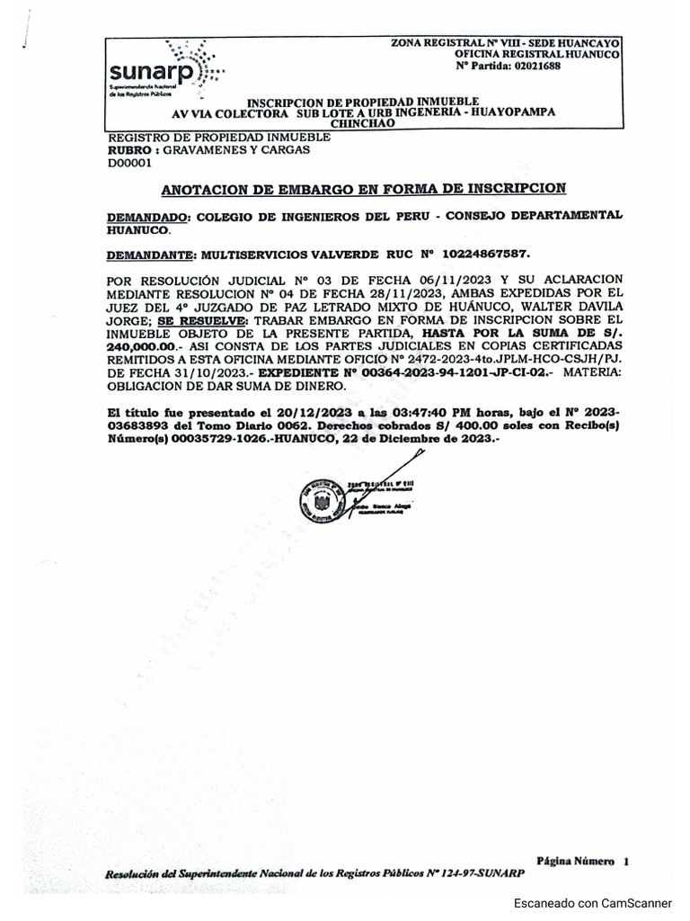 Anotacion de Embargo Sunarp | PDF