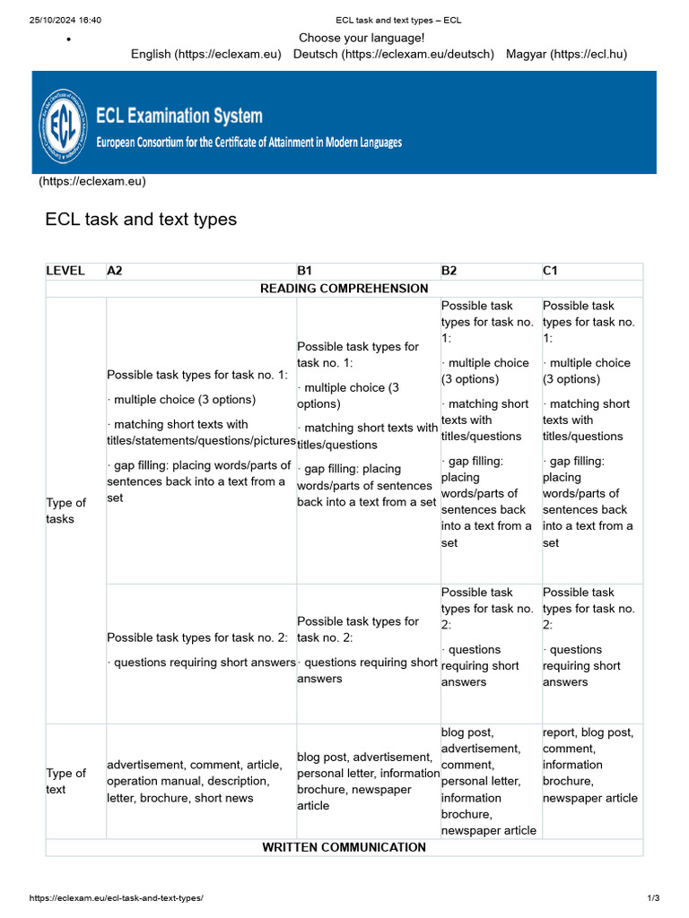 ECL Task and Text Types - ECL | PDF | Linguistics | Human Communication