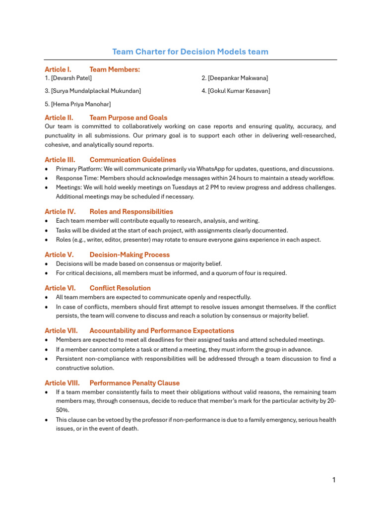Team Charter for Decision Models Team | PDF | Consensus Decision Making ...