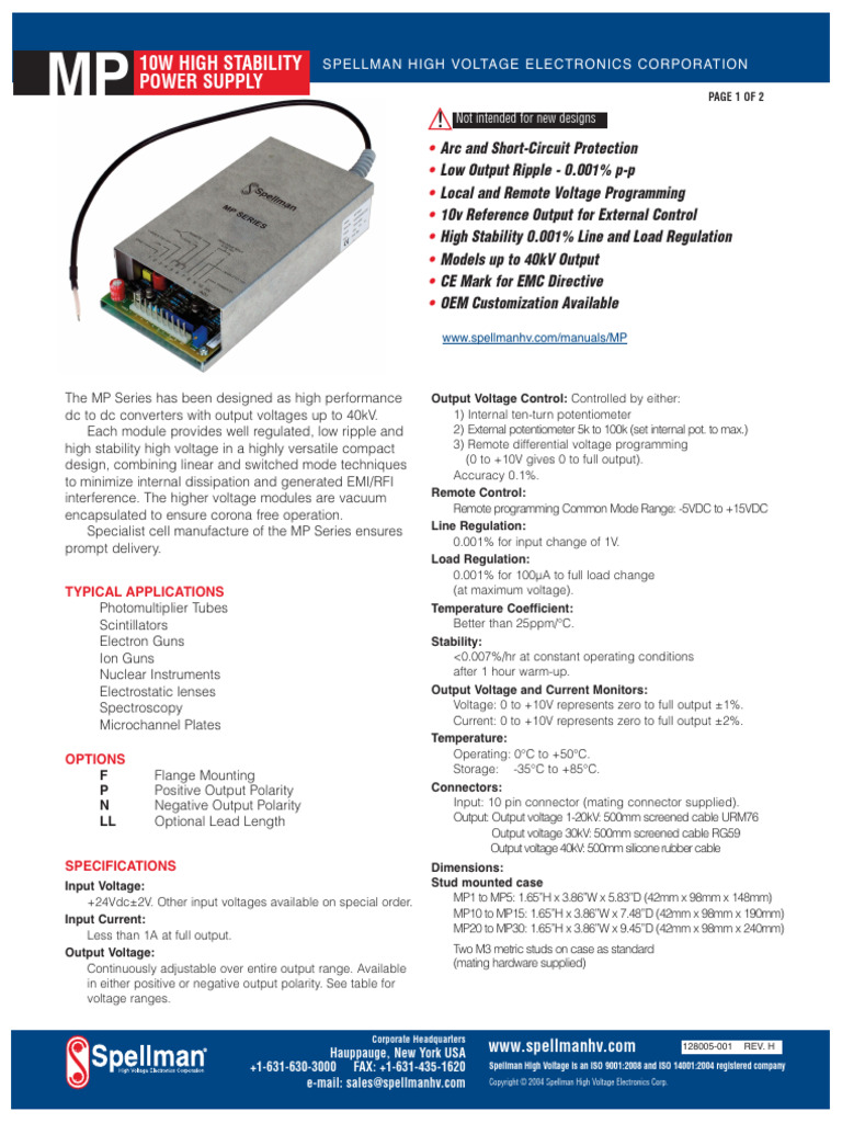 10W High Stability Power Supply: Spellman High Voltage Electronics ...