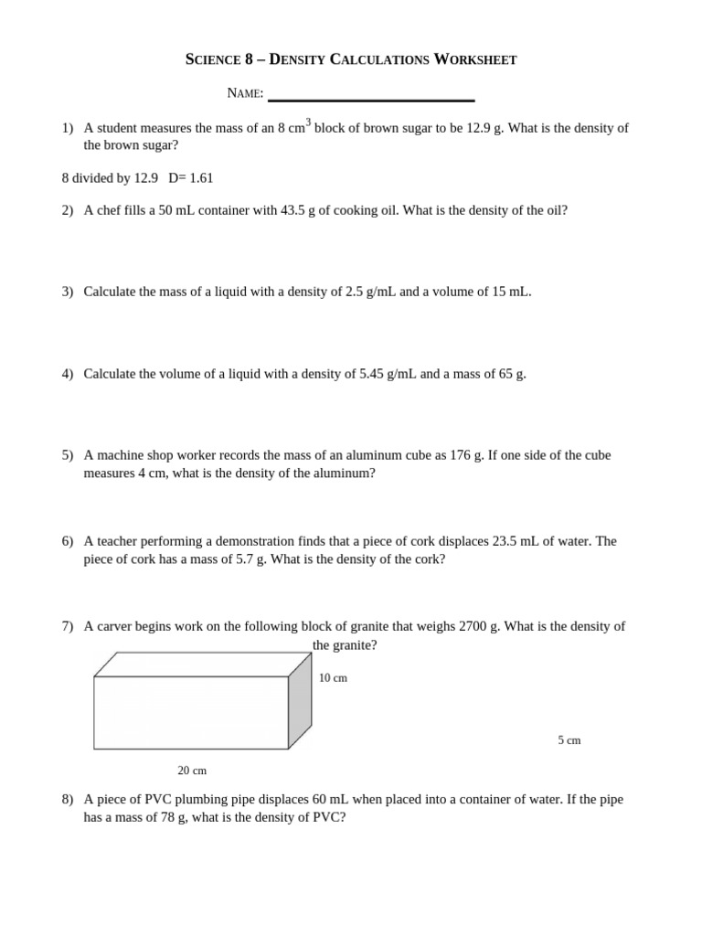Density Practice-sheet-Calculating | PDF | Density | Volume