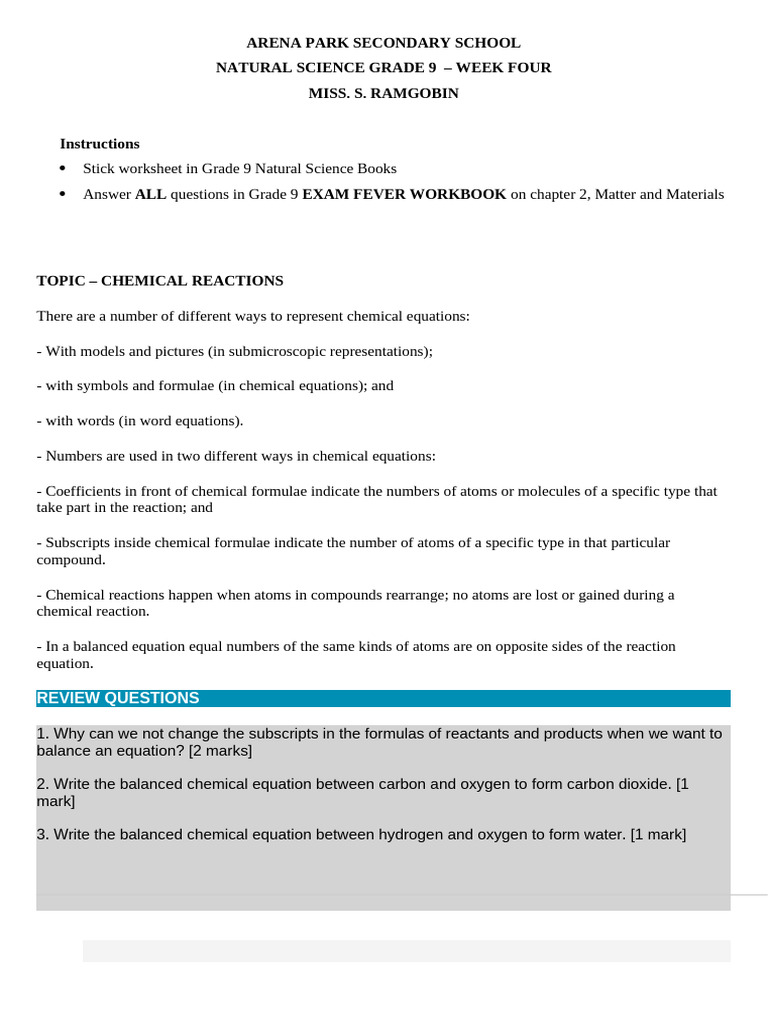 Grade9 Natural Science Chemical Reactions 04 | PDF