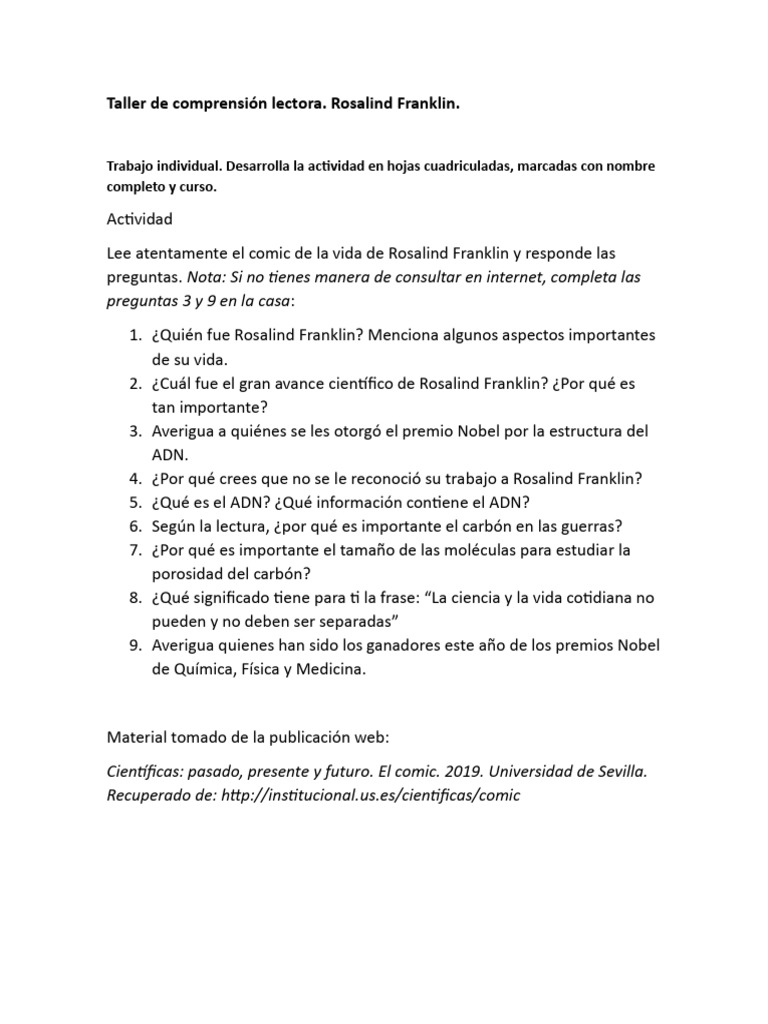 Actividad Lectura Rosalind Franklin 7-8-9 | PDF | Adn