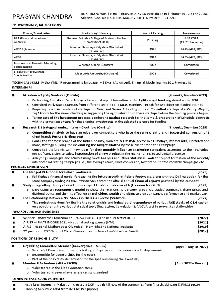 Pragyan Chandra Resume Template by Me | PDF | Econometrics | Stocks