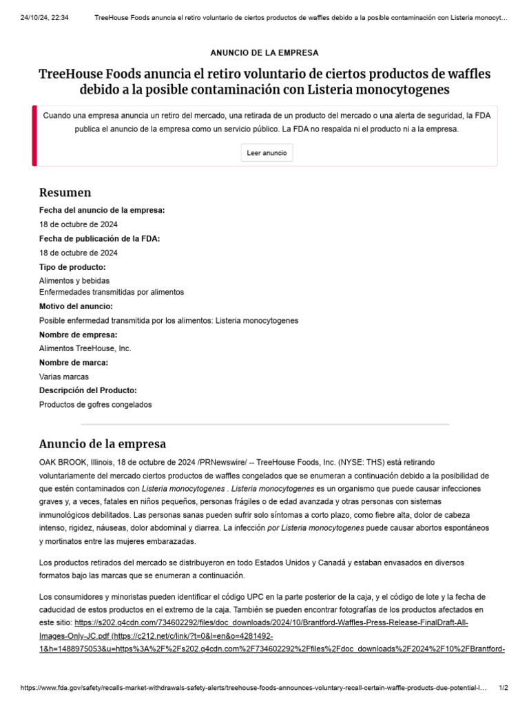TreeHouse Foods Waffles Contaminación Con Listeria Monocytogenes - FDA ...