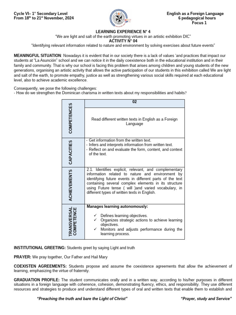 1st year-LE 4th Week - November READING | PDF | Information | Learning