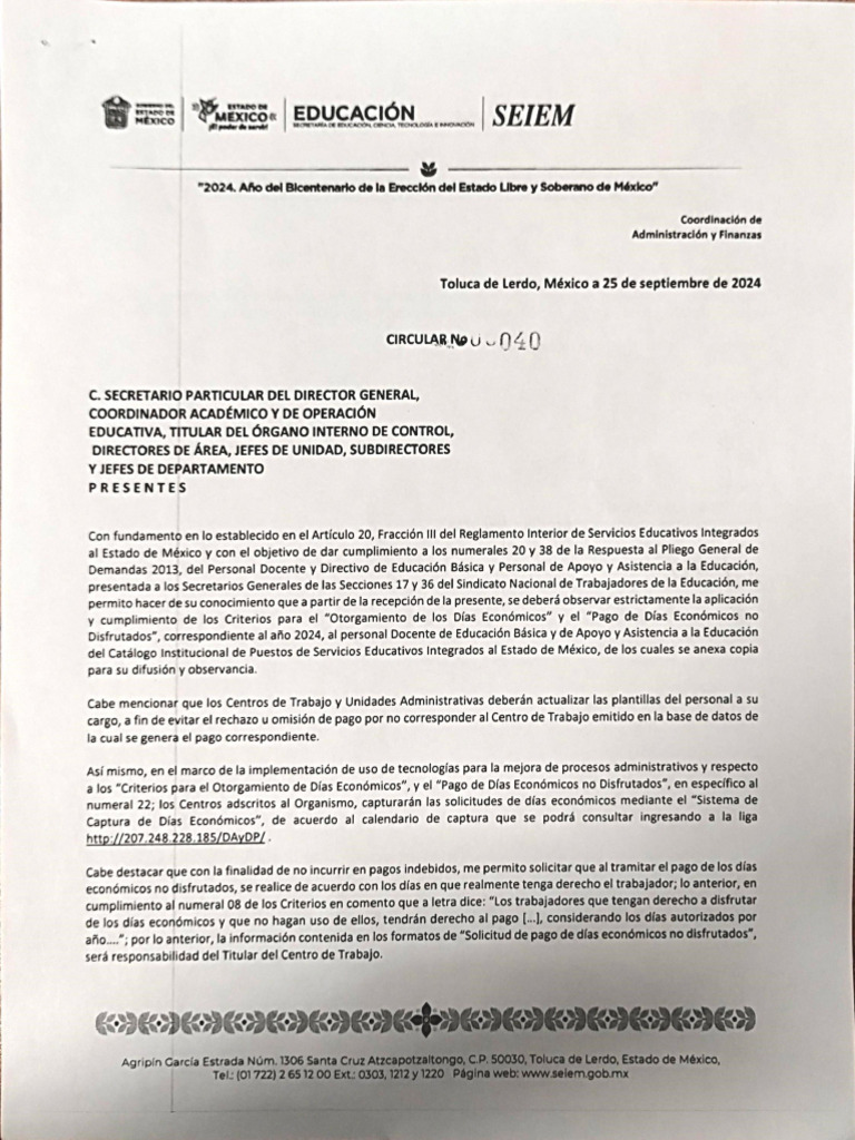Circular 40 Completa Otorgamiento de Días Económicos | PDF | México