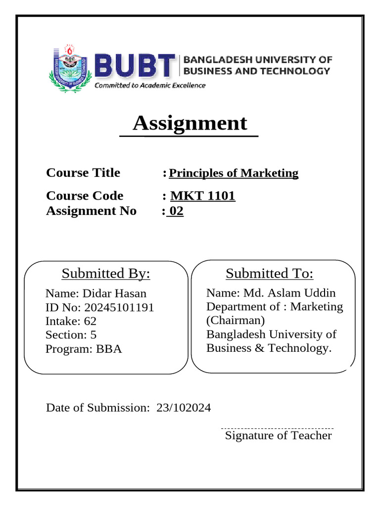 Bubt-Assignment-Cover-Page 1 MKT | PDF | Career & Growth | Business
