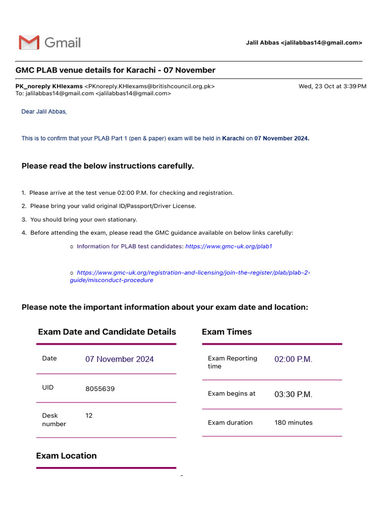 GMC PLAB Venue Details For Karachi - 07 November | PDF