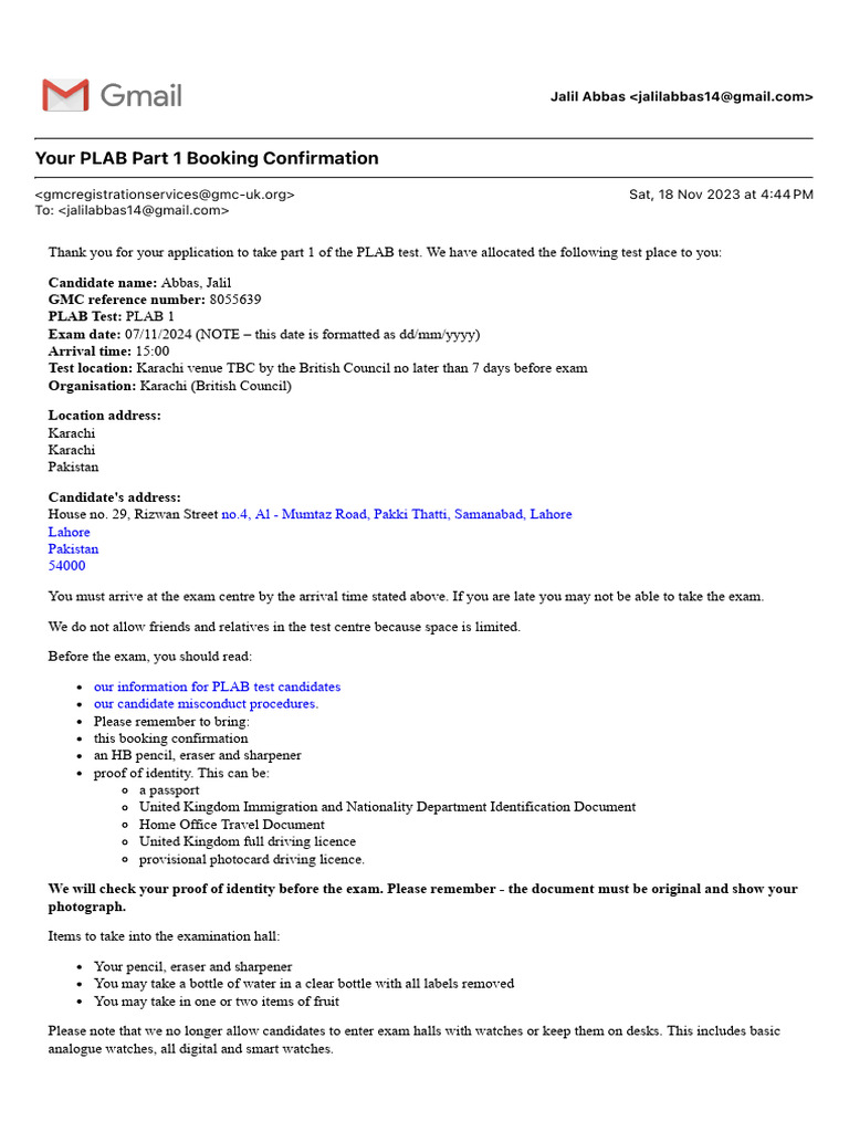 Your PLAB Part 1 Booking Confirmation | PDF | Identity Document | Pandemic
