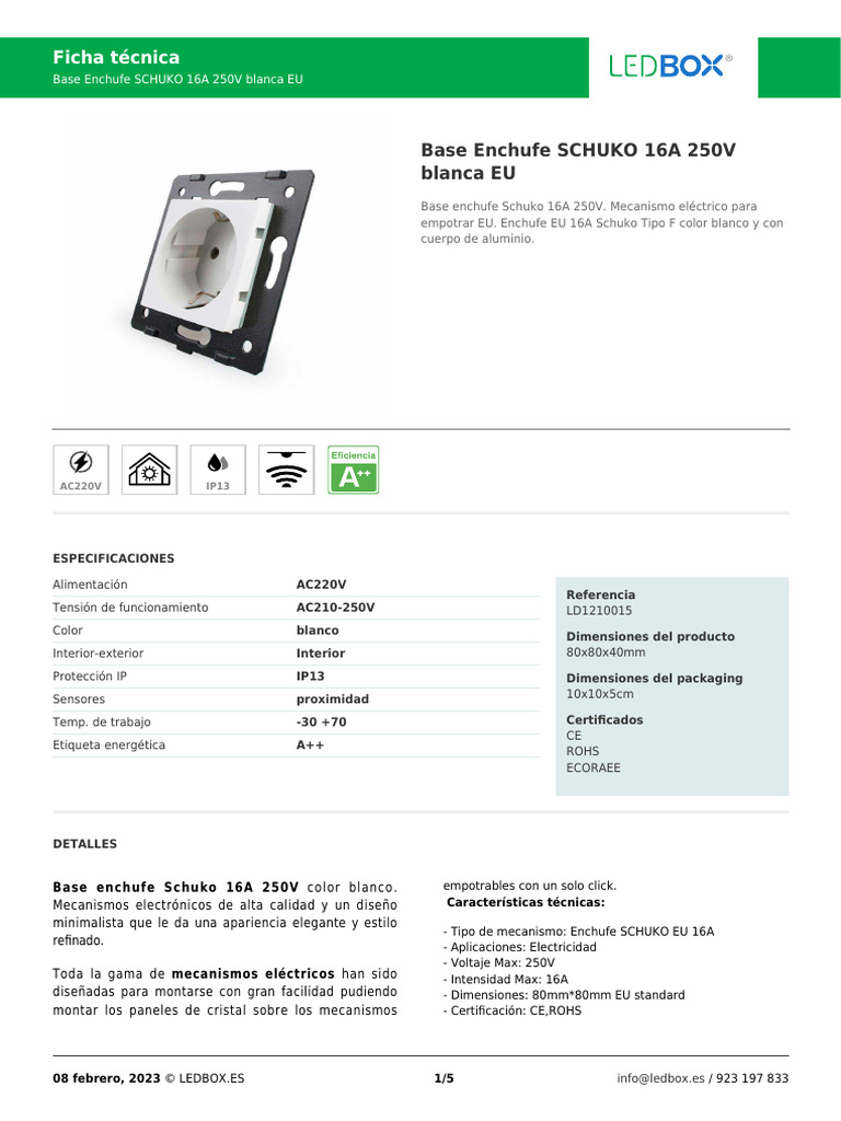 Base Enchufe SCHUKO 16A 250V Blanca EU | PDF | Enchufes y tomas de ...