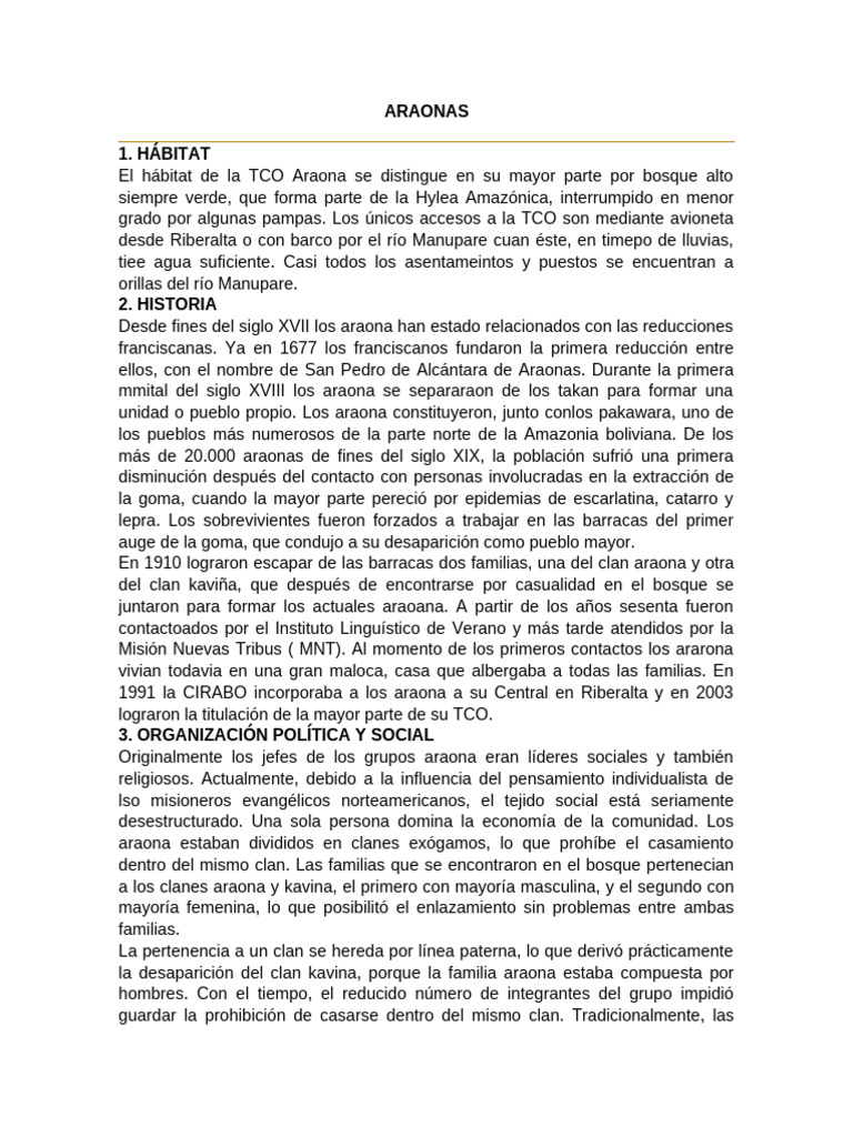 Hábitat y Cultura del Pueblo Araona | PDF