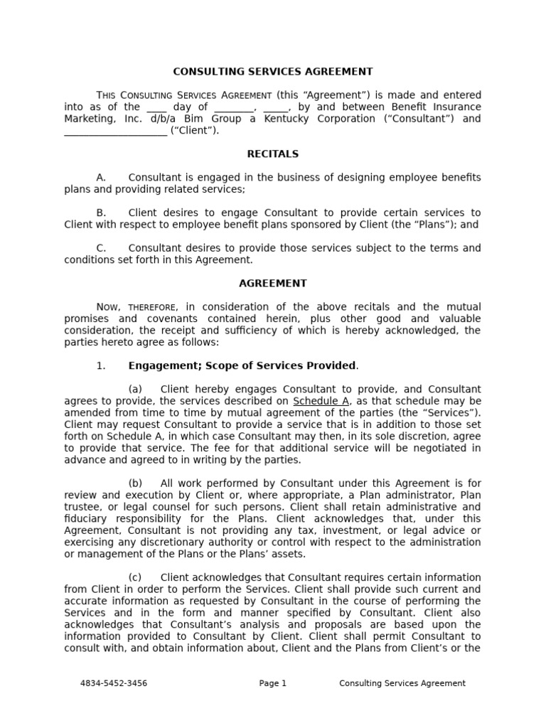 Employee Benefits Consulting Agreement | PDF | Indemnity | Private Law