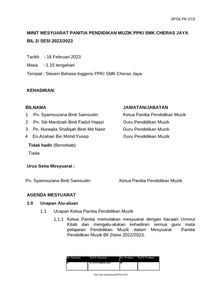 MINIT MESYUARAT Muzik 2 | PDF