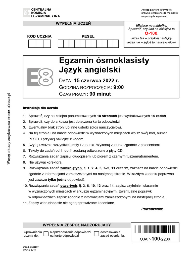 Jezyk Angielski 2022 Czerwiec Egzamin Osmoklasisty Dodatkowy | PDF