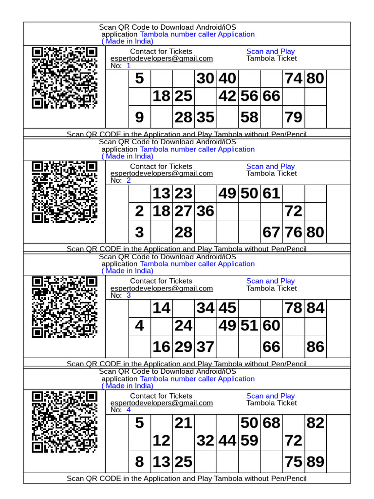100 Tambola Tickets Printable Free | PDF | Qr Code | Android (Operating ...